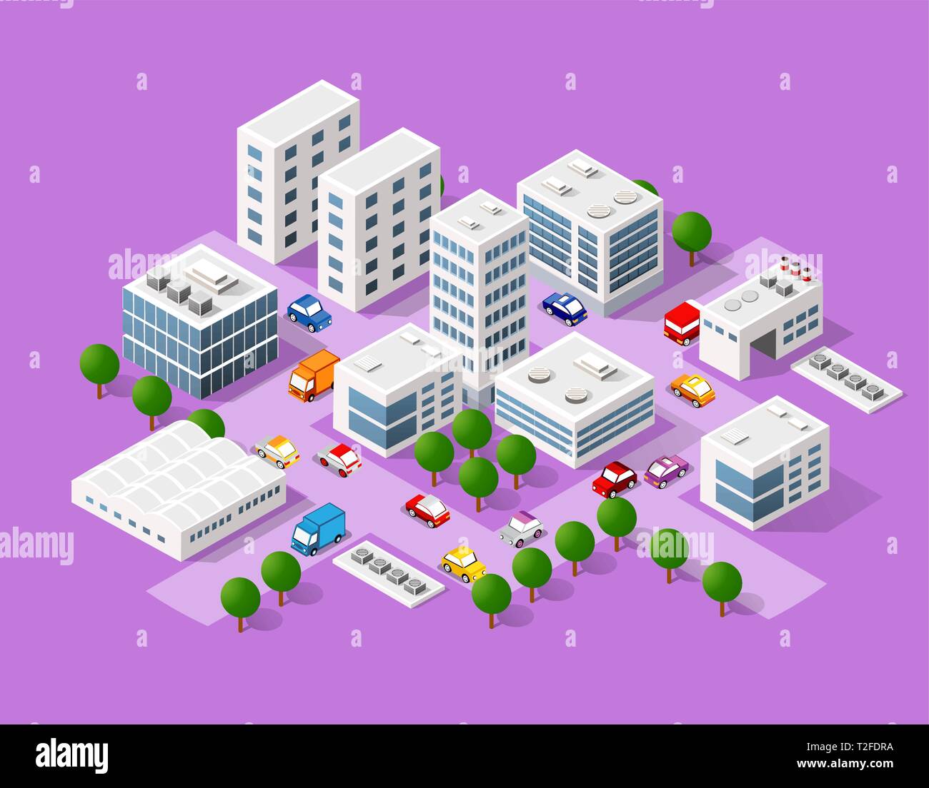 Isometric set of the modern 3D city. Landscape trees, streets. Three ...