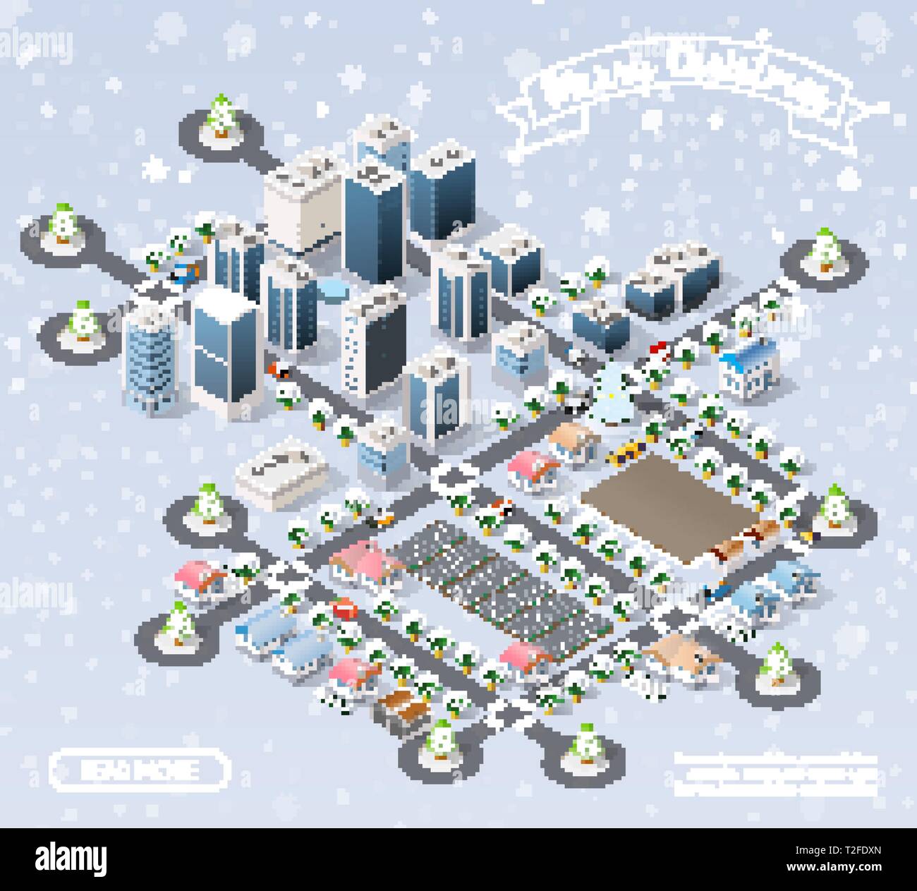 Winter Christmas landscape urban isometric city block in the snow ...