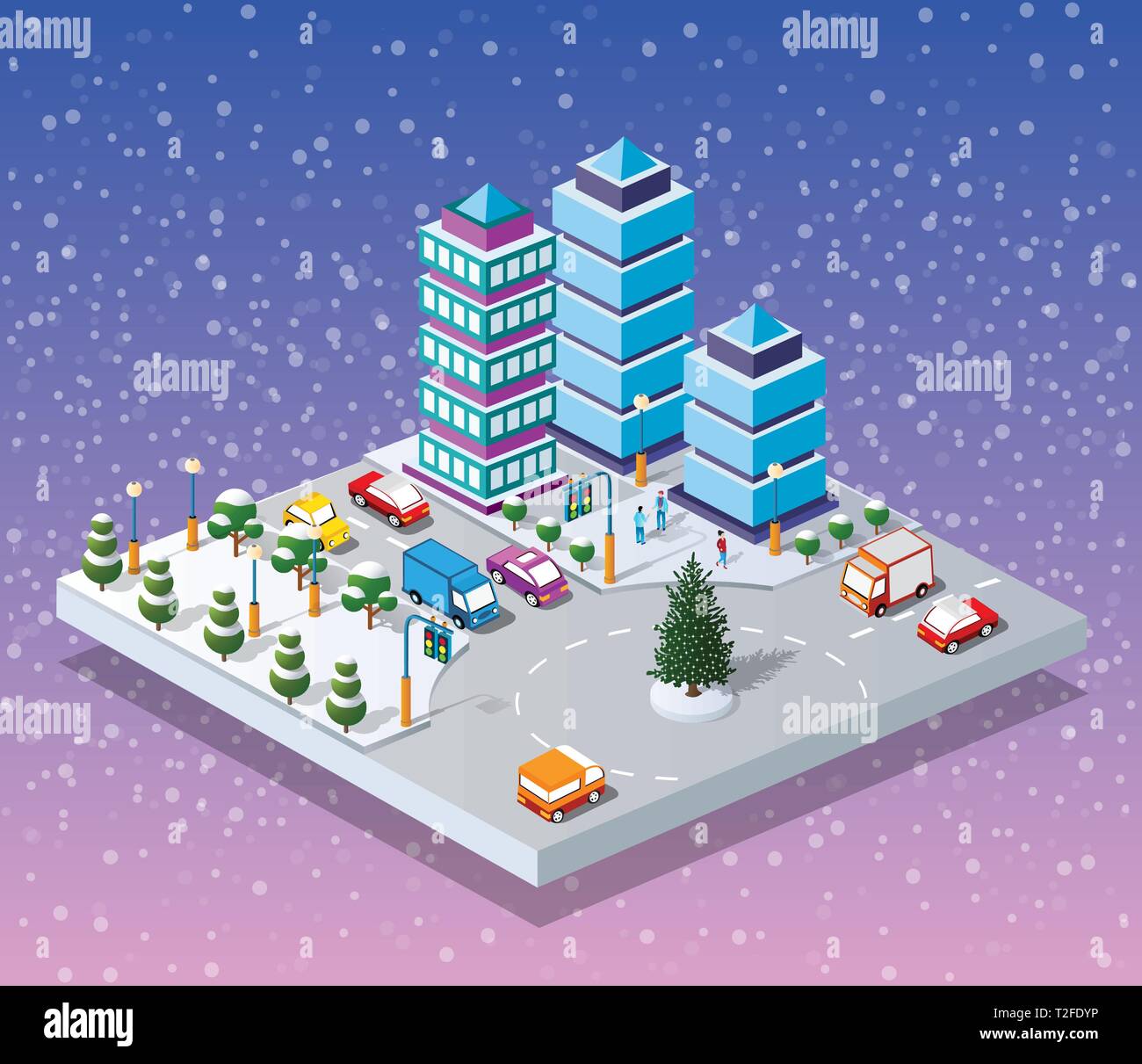 Winter Christmass city isometric with buildings, houses, roads, and ...