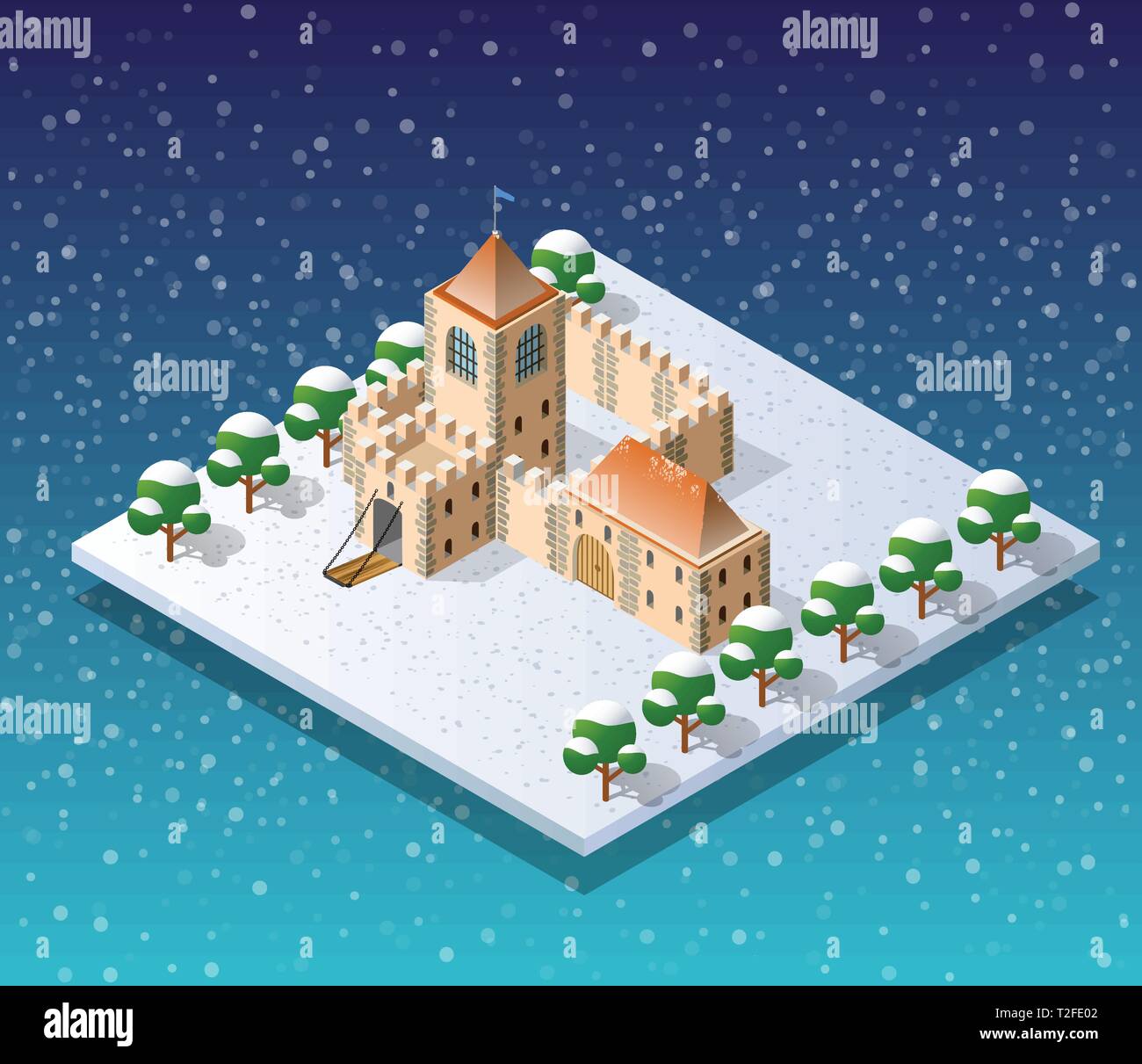 Winter Christmass city isometric with buildings, houses, roads, and ...