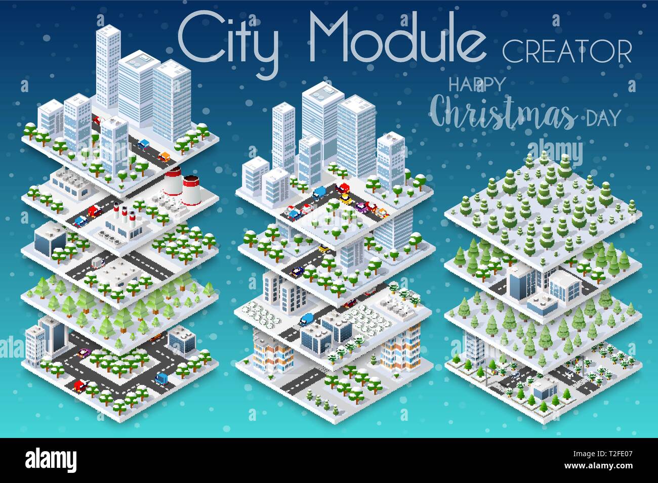 Winter Christmas city isometric with buildings, houses, roads, and cars ...