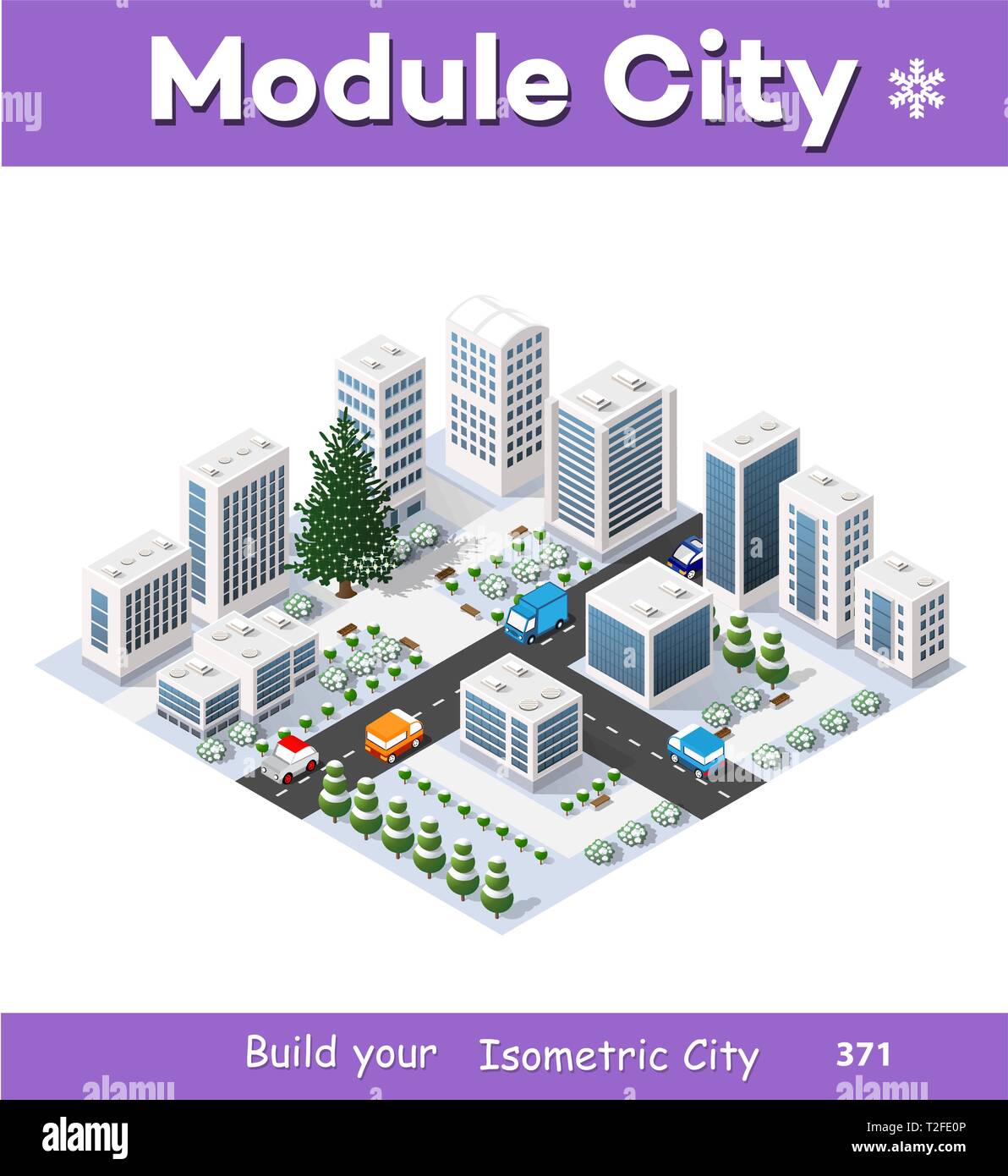 Winter Christmass city isometric with buildings, houses, roads, and ...