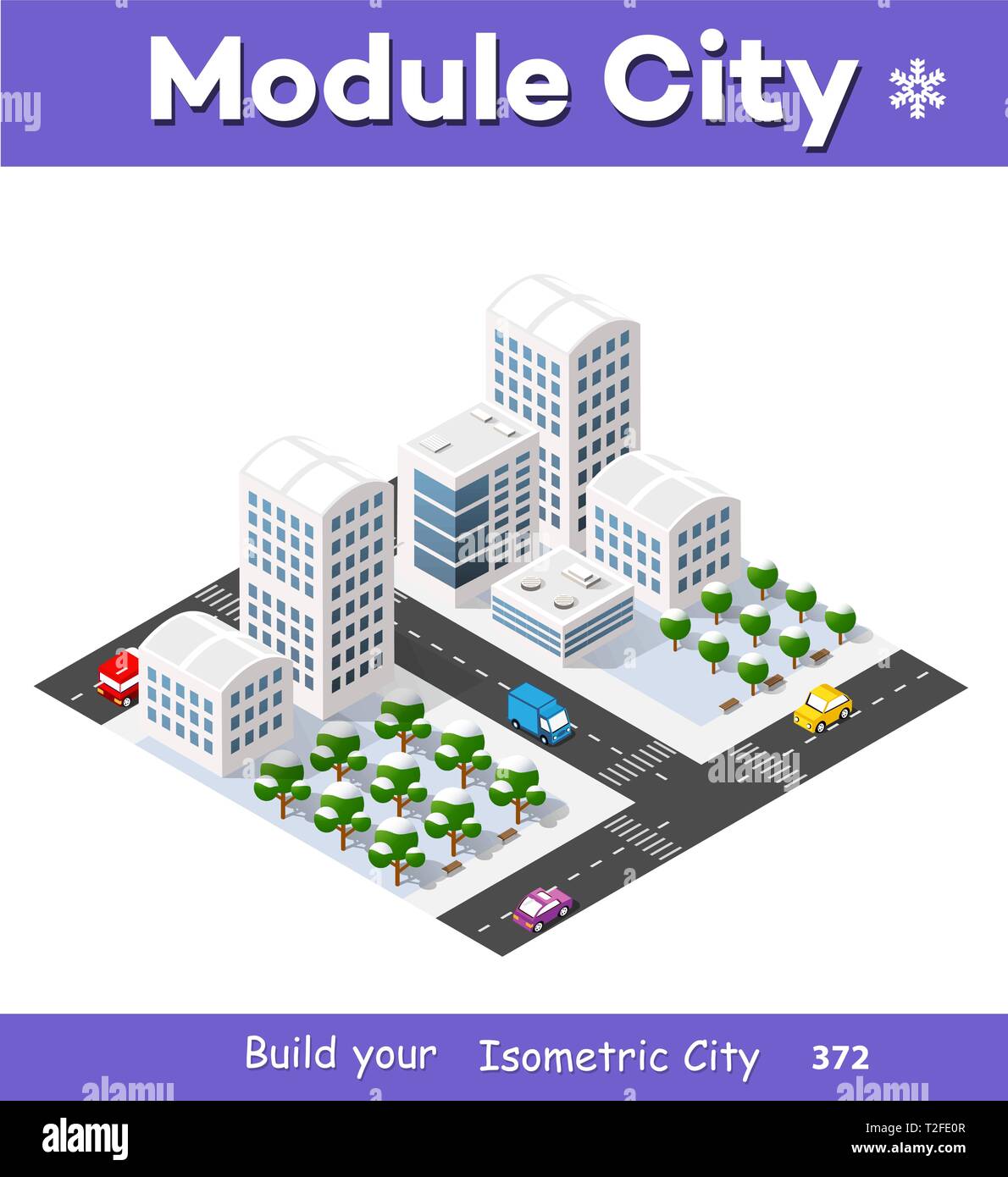 Winter Christmass city isometric with buildings, houses, roads, and ...