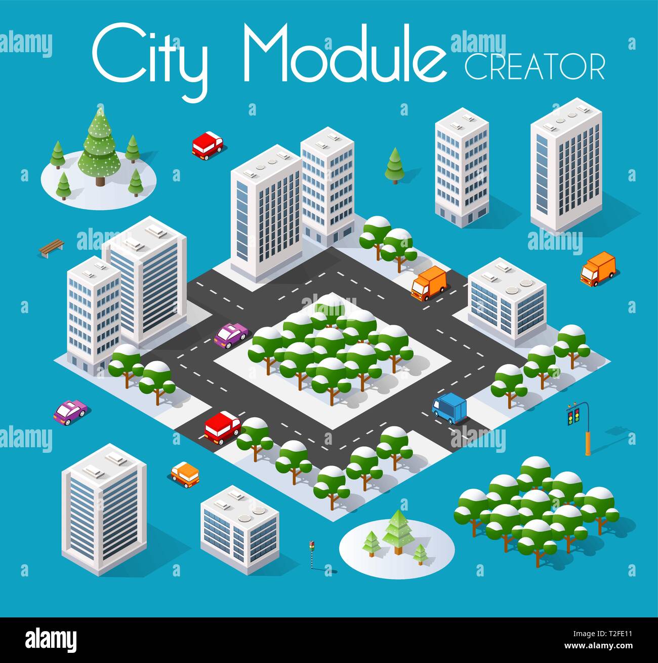 Winter Christmass city isometric with buildings, houses, roads, and ...
