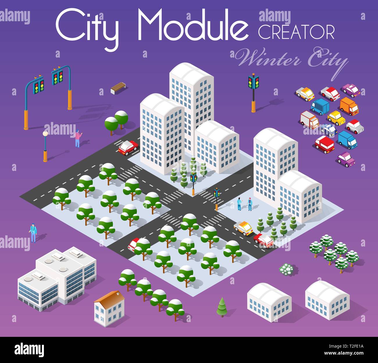 Winter Christmas, New Year is an isometric city with streets, roads ...