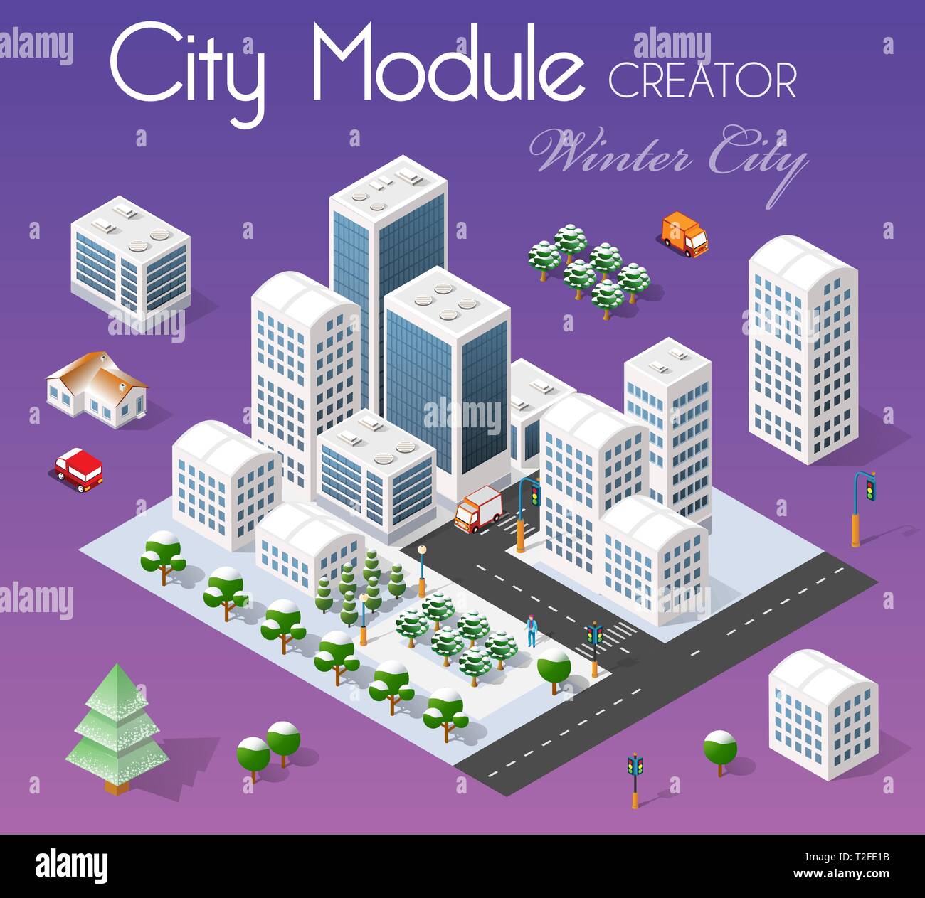 Winter Christmas, New Year is an isometric city with streets, roads ...