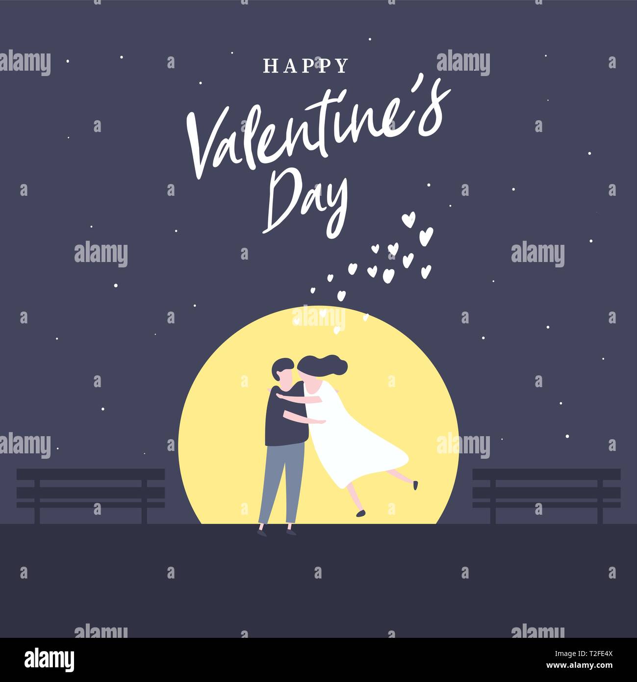 Lovely young joyful couple hug in the light of the moon at night ...
