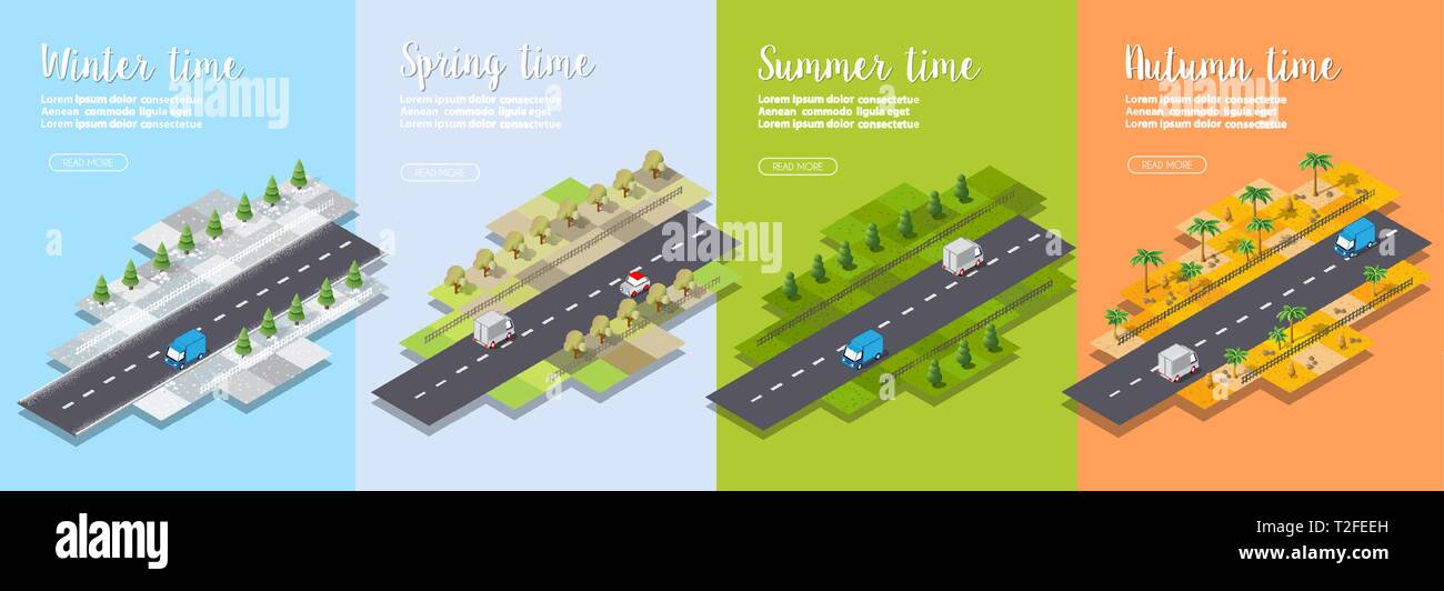 Isometric Seasons city with houses and streets with trees, fir and ...