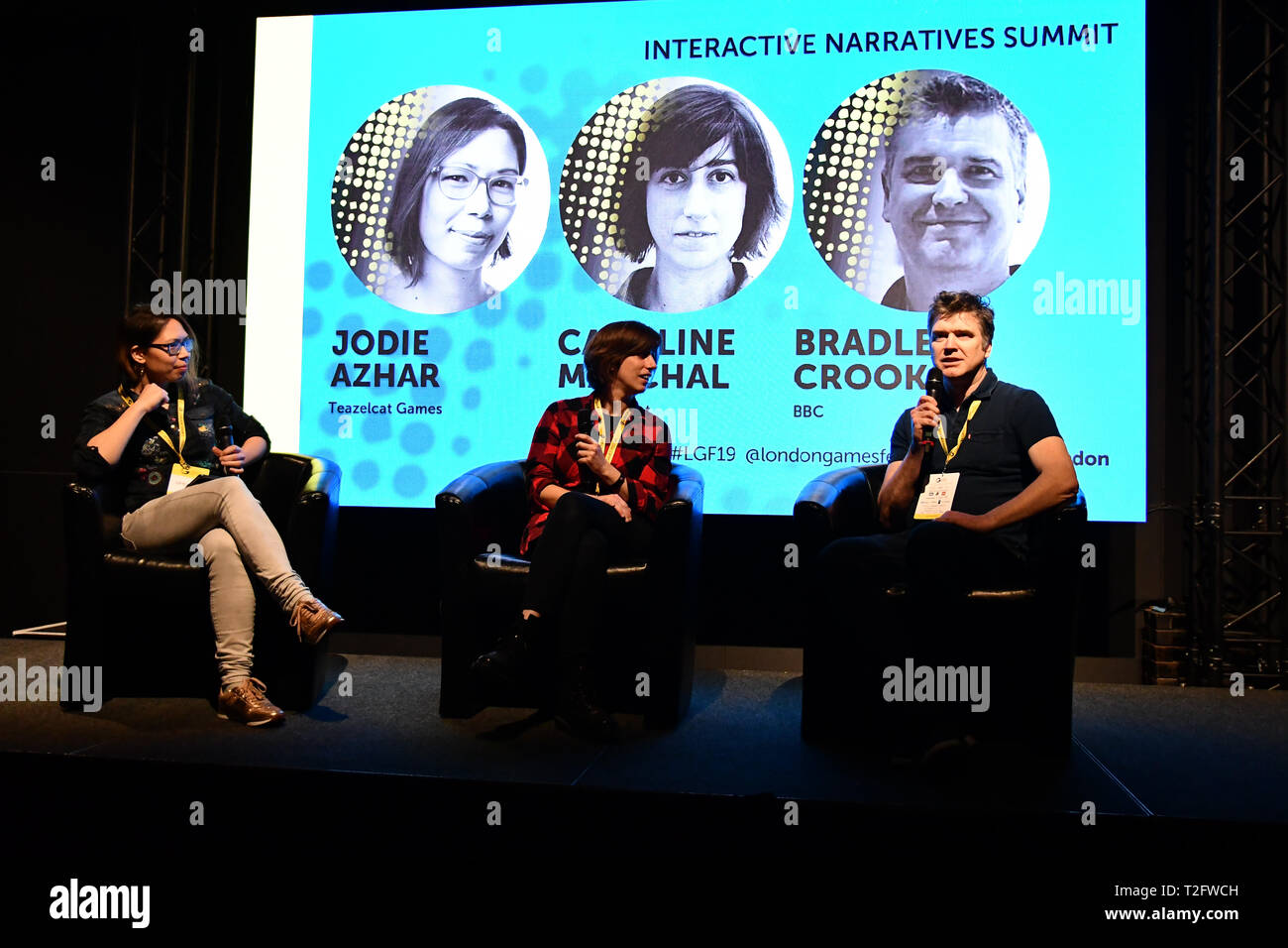 London, UK. 02nd Apr, 2019. Speaker Jodie Azhar, Caroline Marchal and ...