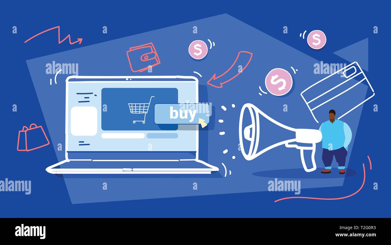 african man holding loudspeaker using online shopping computer ...