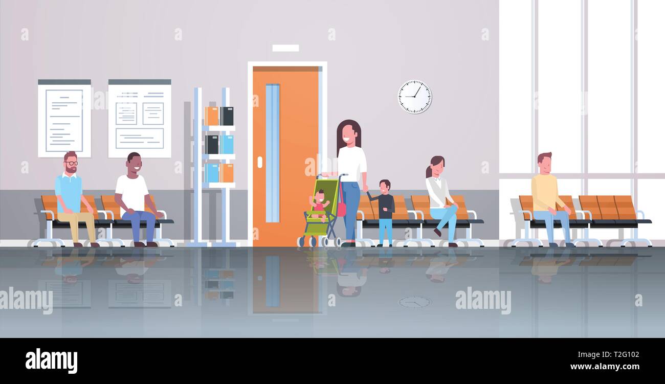 mix race patients waiting in line queue to doctor cabinet consultation ...