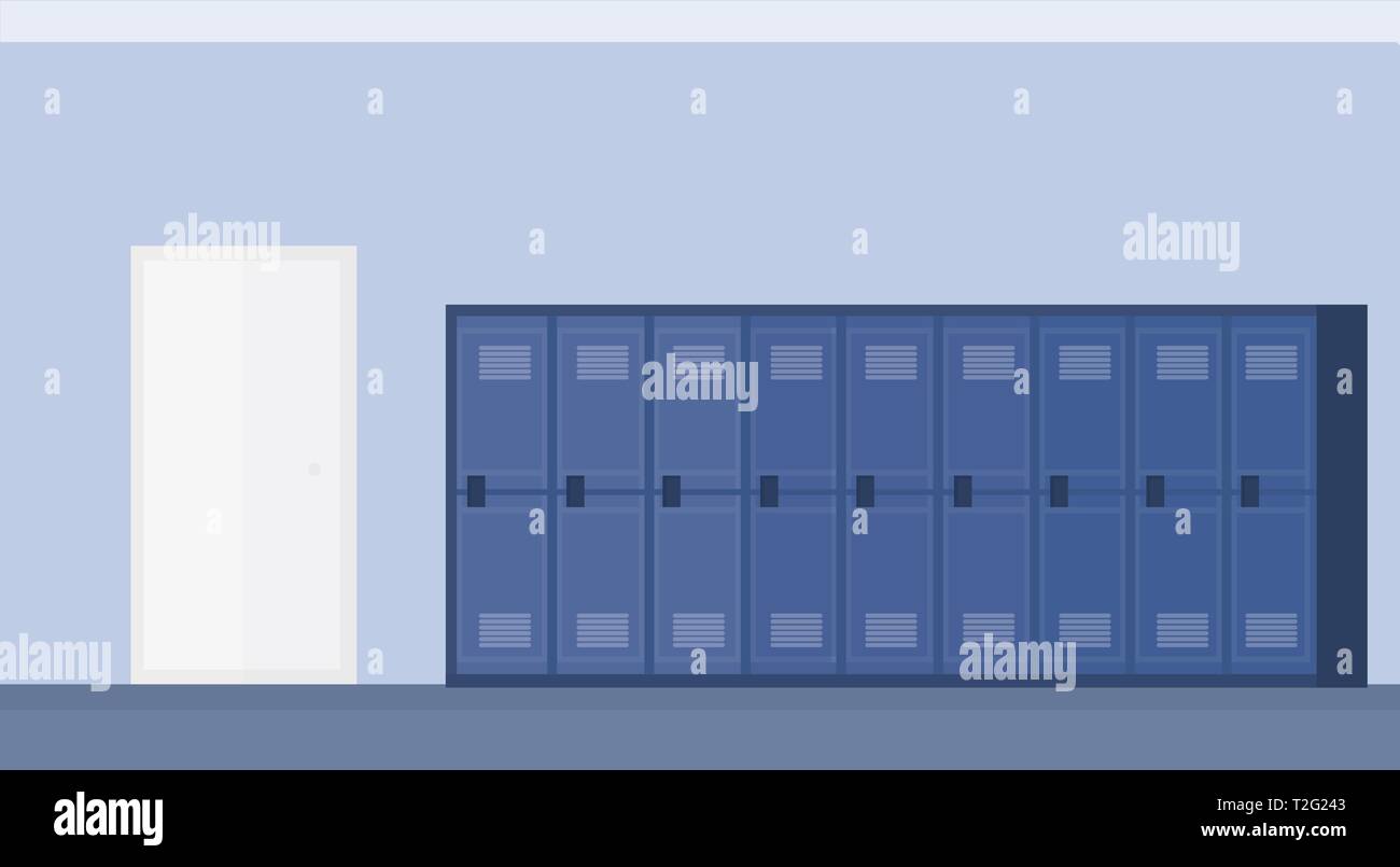 empty school lobby corridor interior with row of blue lockers ...