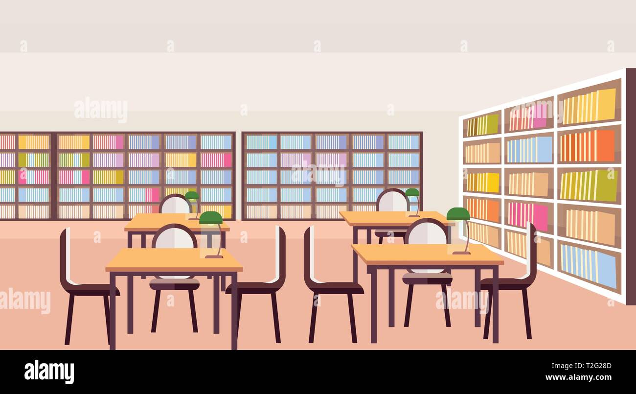 modern library study area bookshelves with books empty no people ...