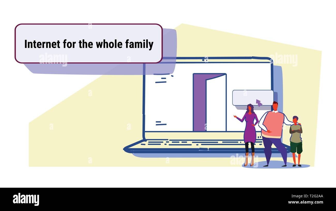 parents and son using laptop computer web browser internet for whole ...