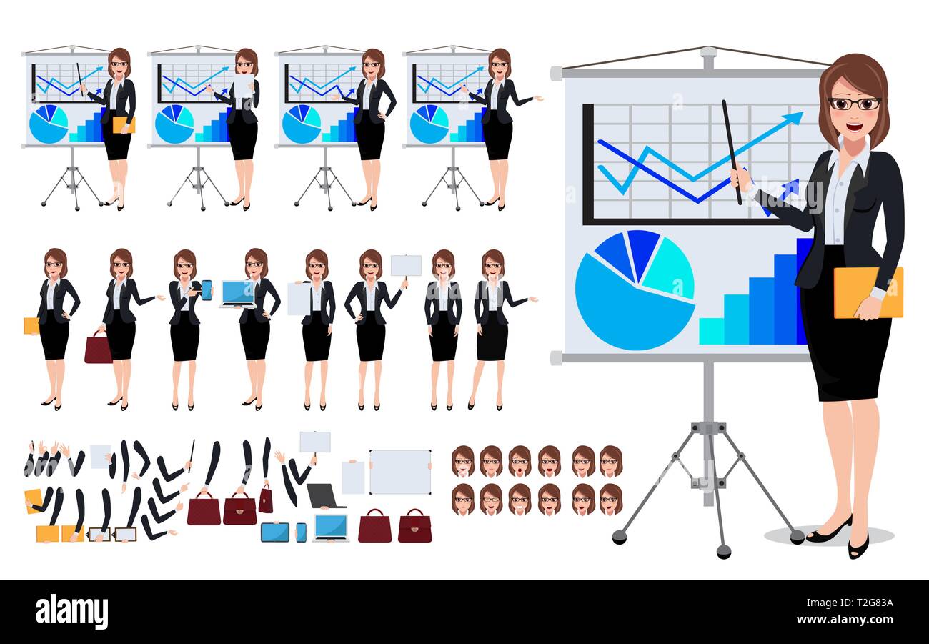 Female business characters set with young woman talking and showing ...