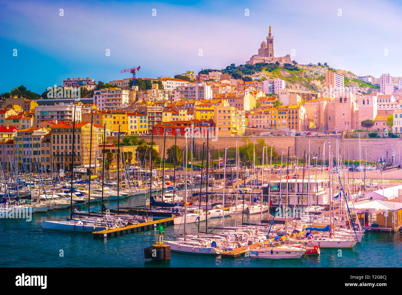 Aerial panoramic view of Marseille Old Port with yachts and boats and ...