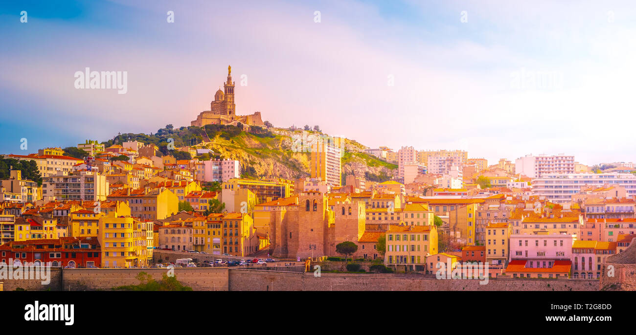 Aerial panoramic view of Marseille Old Port with yachts and boats and ...