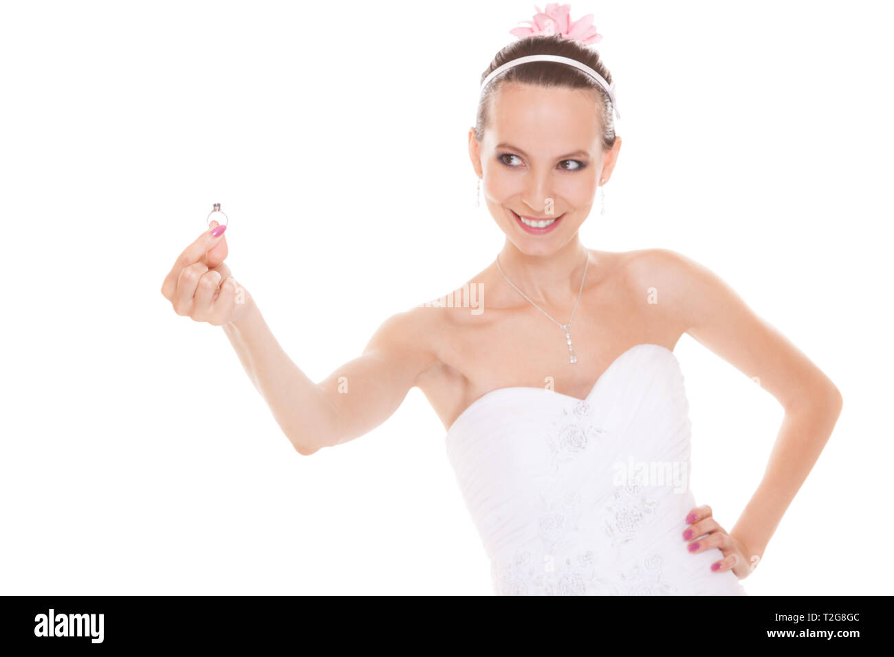 Joyful happy bride holding showing engagement ring. Excited woman in ...