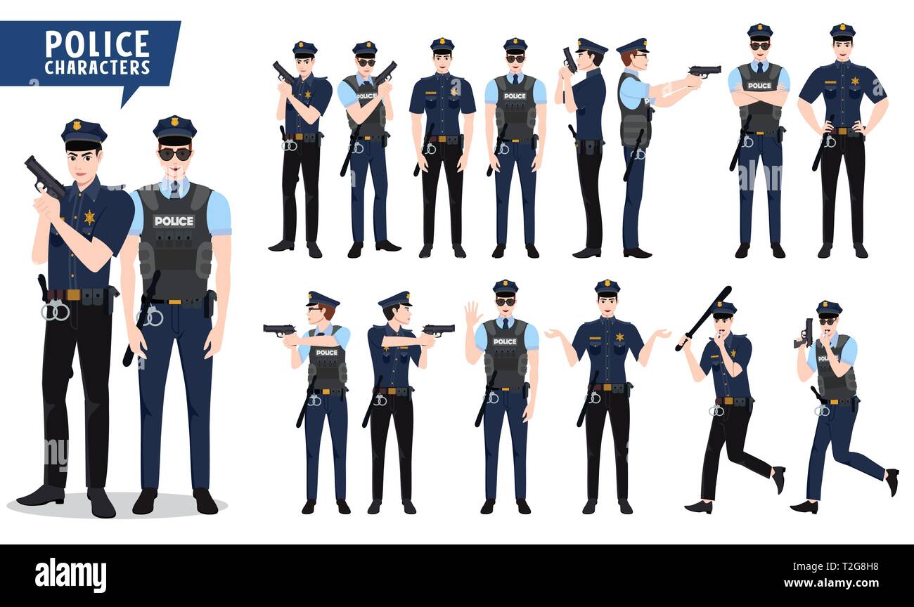 Police vector character set. Policeman characters holding gun in ...