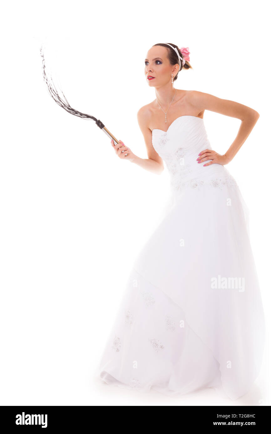Wedding day. Full length young attractive bride in white dress with ...
