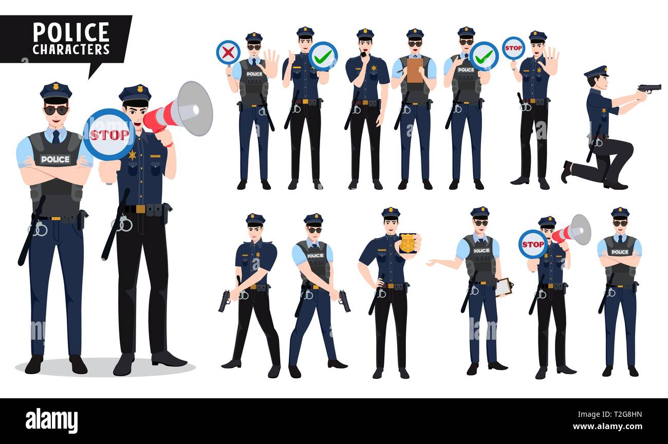 Policeman vector character set. Police officer characters holding gun ...