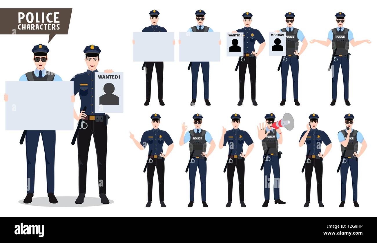 Police vector character set. Policeman characters holding blank white ...