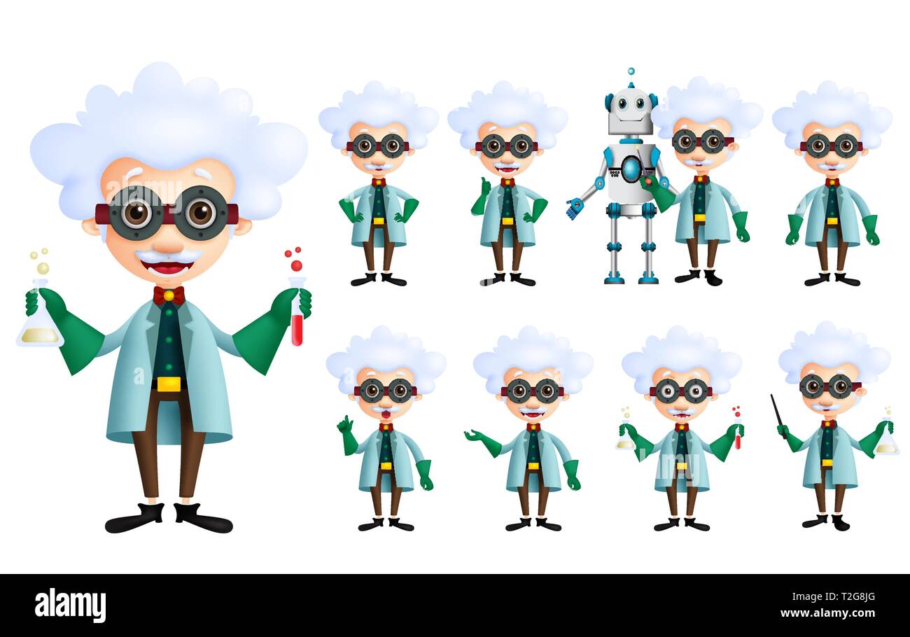 Scientist vector character set. Old genius male inventor holding test ...