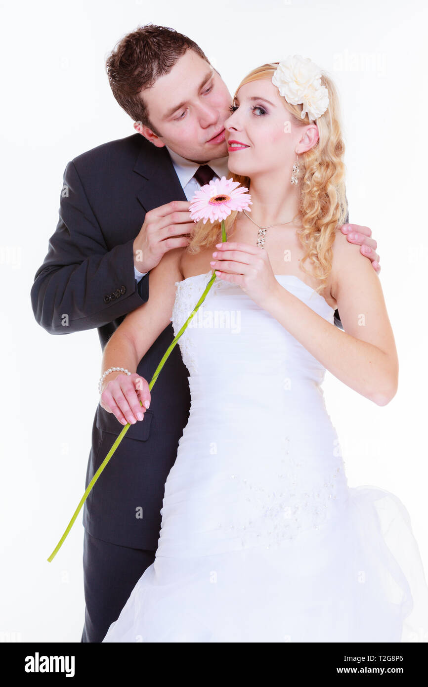 Positive relationship couples concept. Happy groom and bride posing for ...
