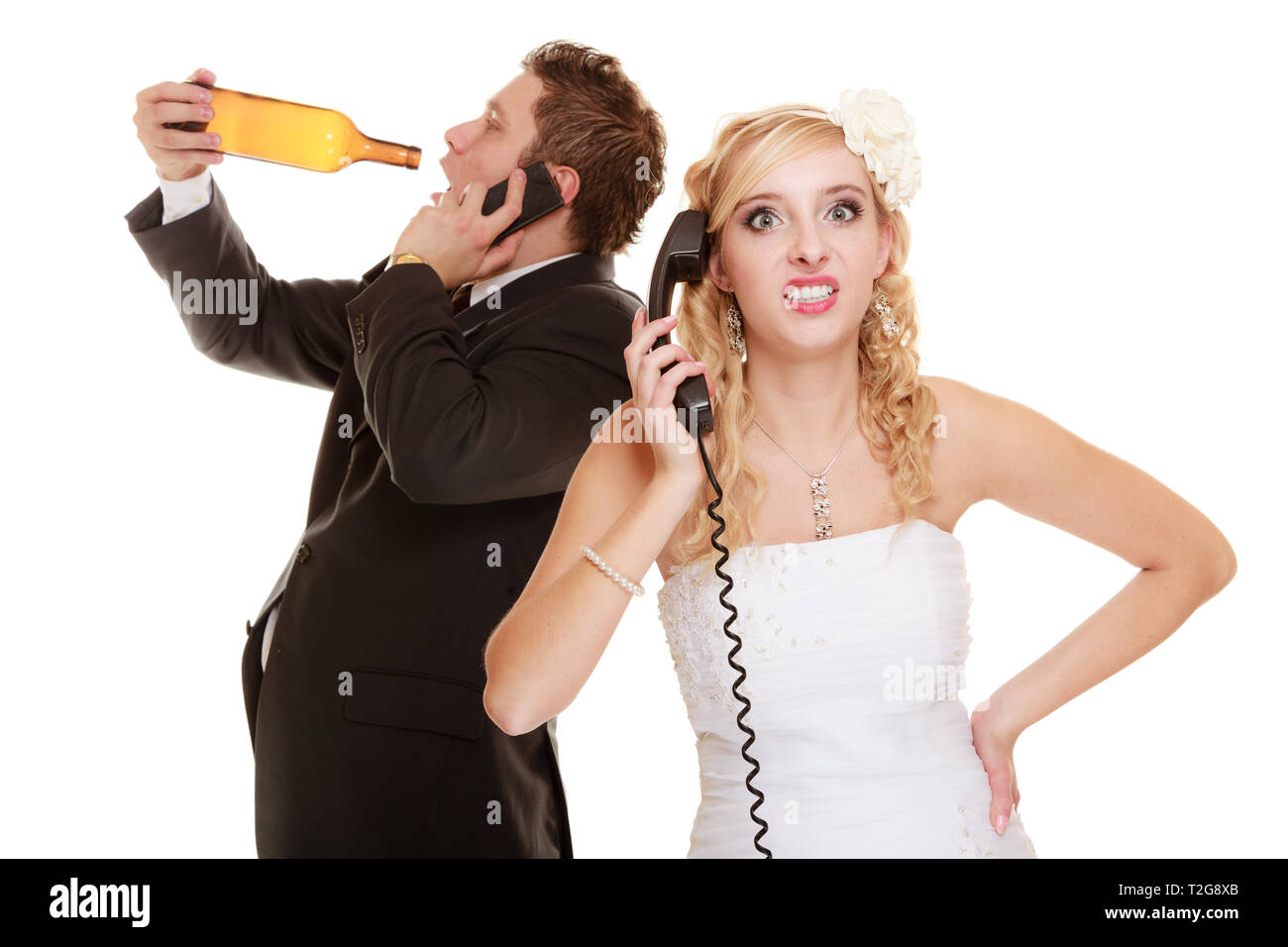 Wedding relationship difficulties. Angry woman and drunk man talking on ...