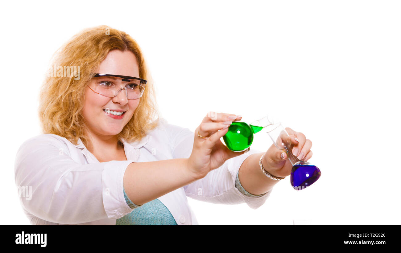 Experiments in laboratory. Chemist woman or student girl scientific ...