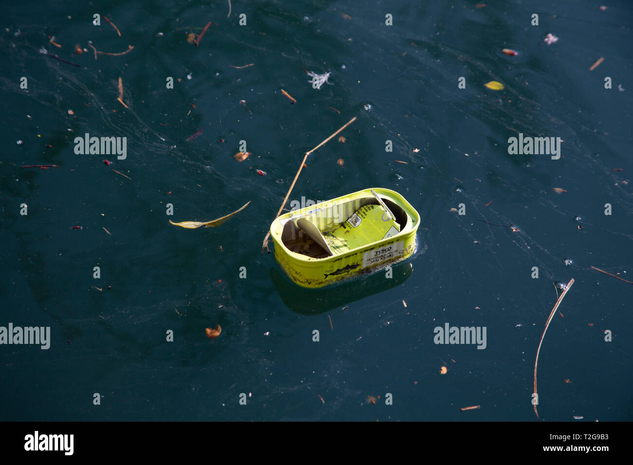 Litter. Empty food can floating on a river Stock Photo - Alamy