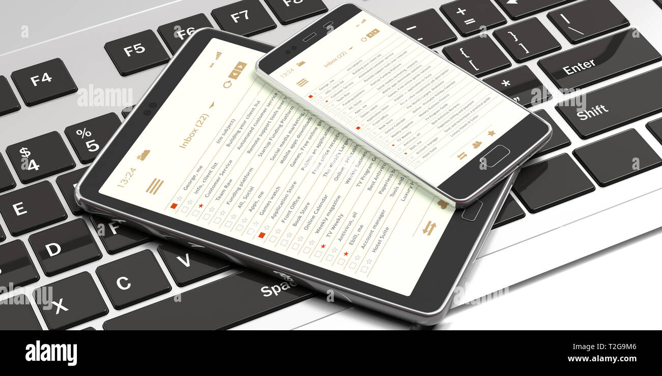 Email and electronic devices. Email lists on smartphone and tablet ...