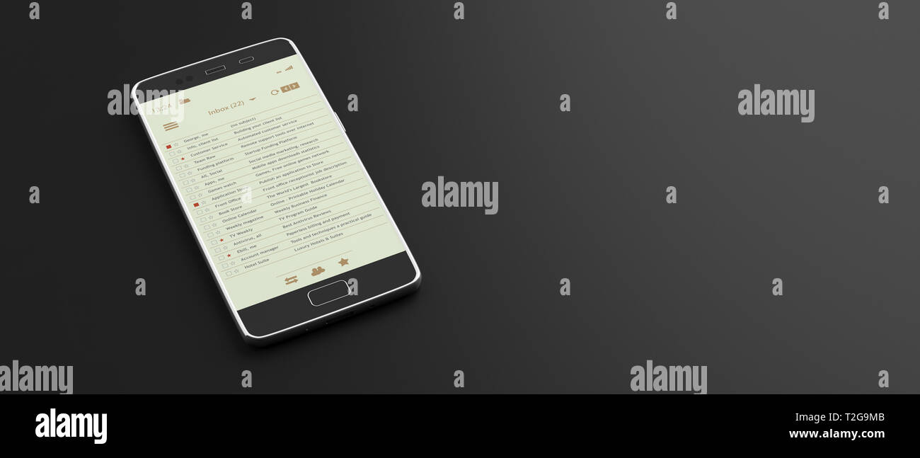 Email on mobile phone. Email list on smartphone, tablet screen, black ...