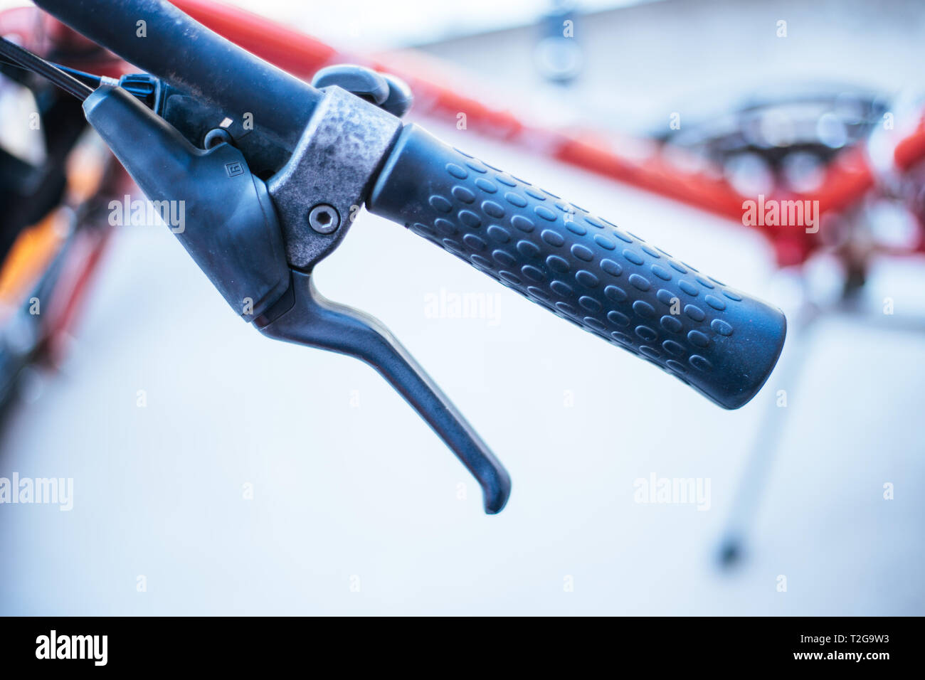 Closeup picture of a bicycle handlebar and breaks, bike repair, blurred ...