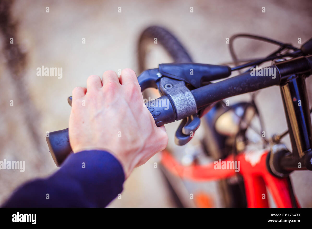 Closeup picture of a bicycle handlebar and breaks, bike repair, blurred ...
