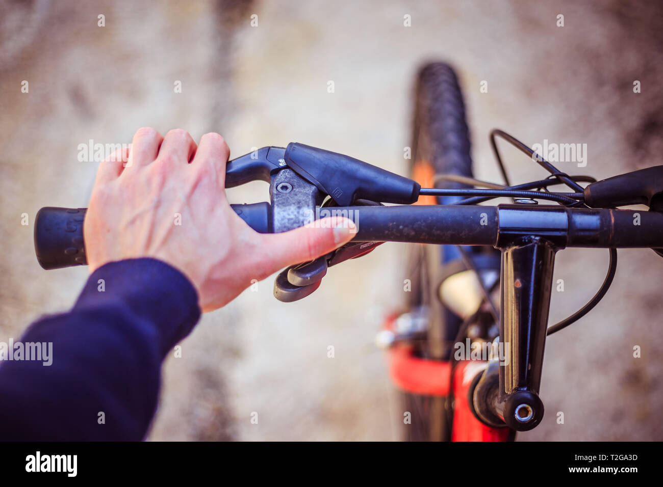 Closeup picture of a bicycle handlebar and breaks, bike repair, blurred ...