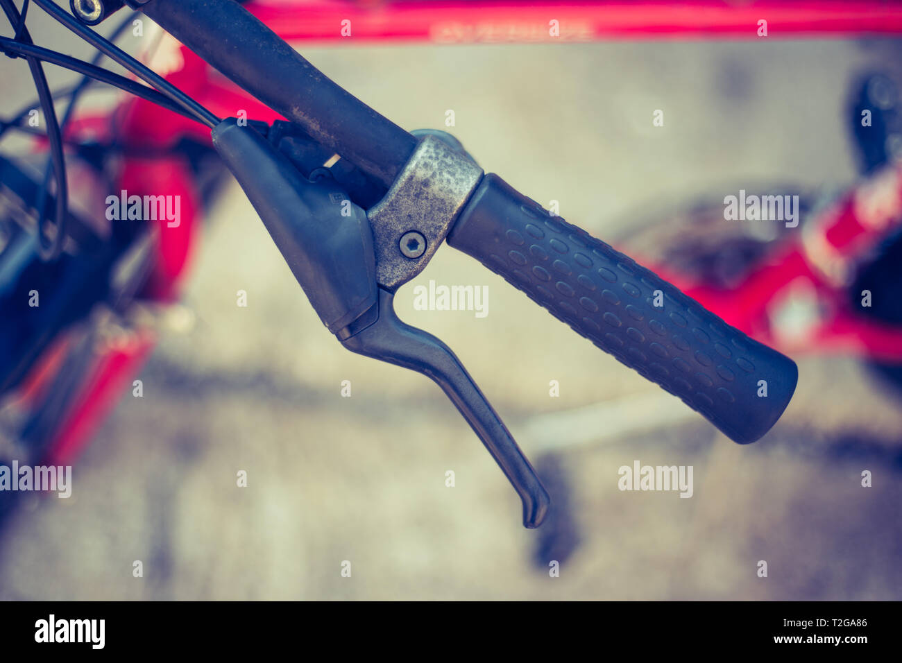 Closeup picture of a bicycle handlebar and breaks, bike repair, blurred ...