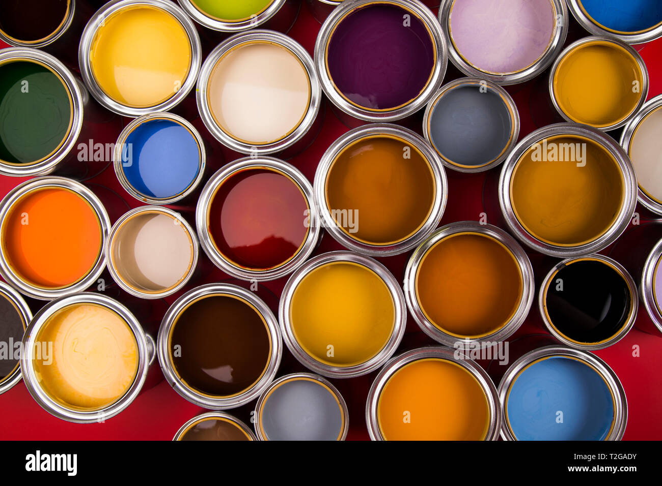 Group of Brush, tin metal cans with color paint Stock Photo - Alamy