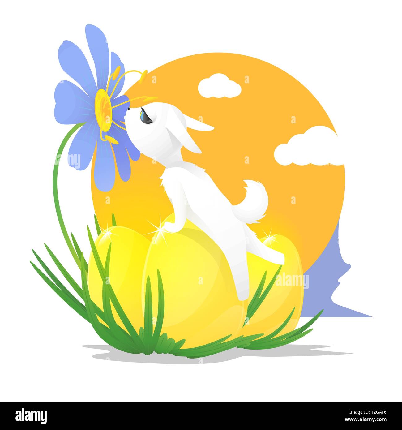 Cute white cartoon rabbit is reaching for a blue flower on against the ...