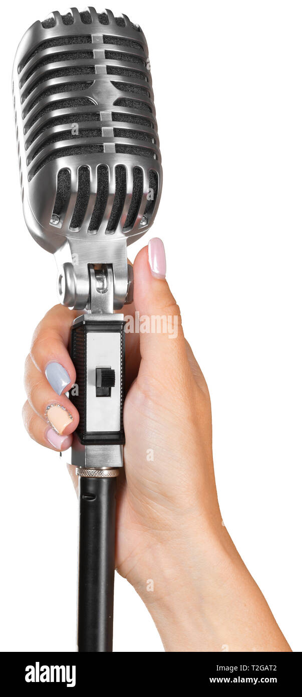 woman holding big retro microphone for singing Stock Photo - Alamy