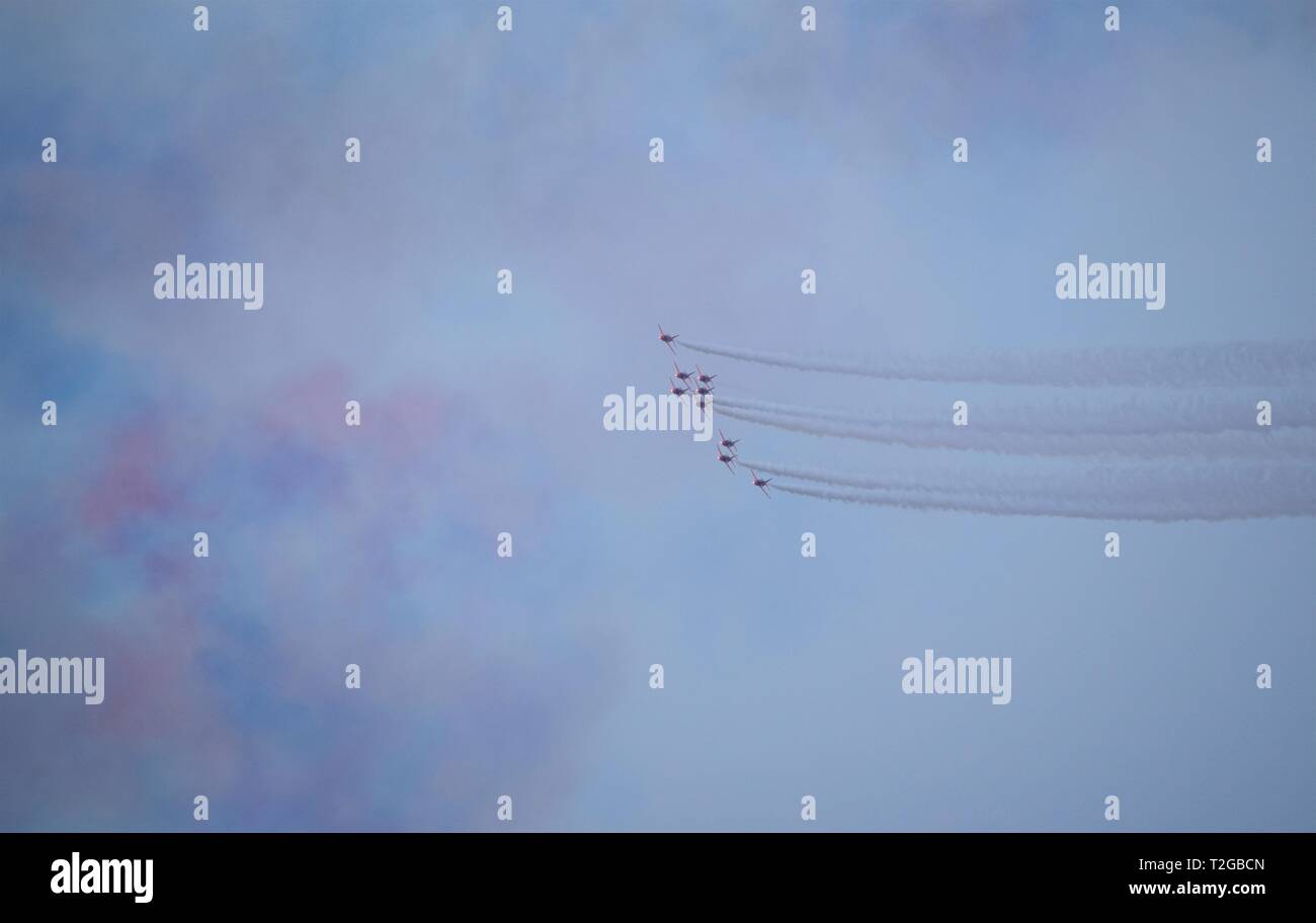Red Arrows aerobatic display 170817 Stock Photo - Alamy