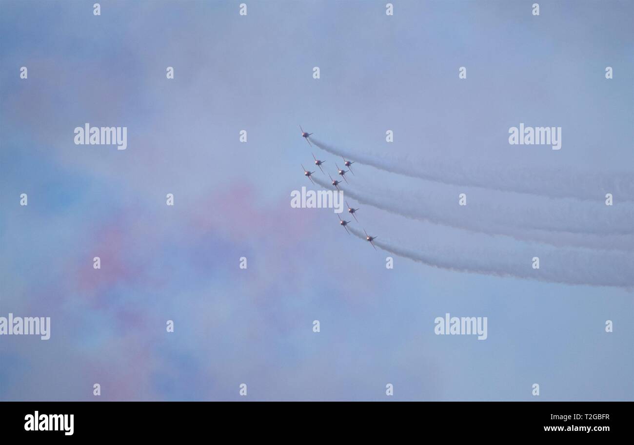 Red Arrows aerobatic display 170817 Stock Photo - Alamy