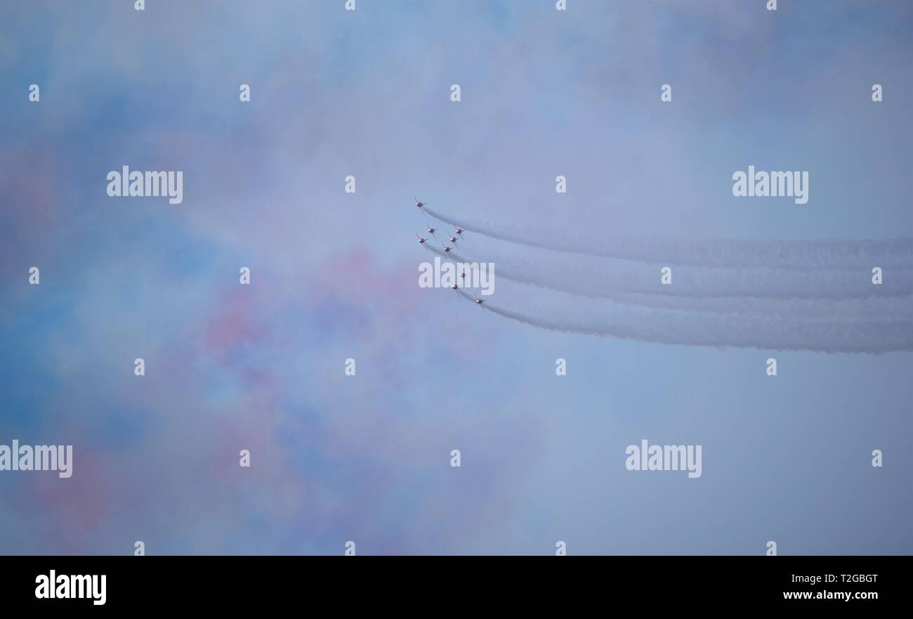 Red Arrows aerobatic display 170817 Stock Photo - Alamy