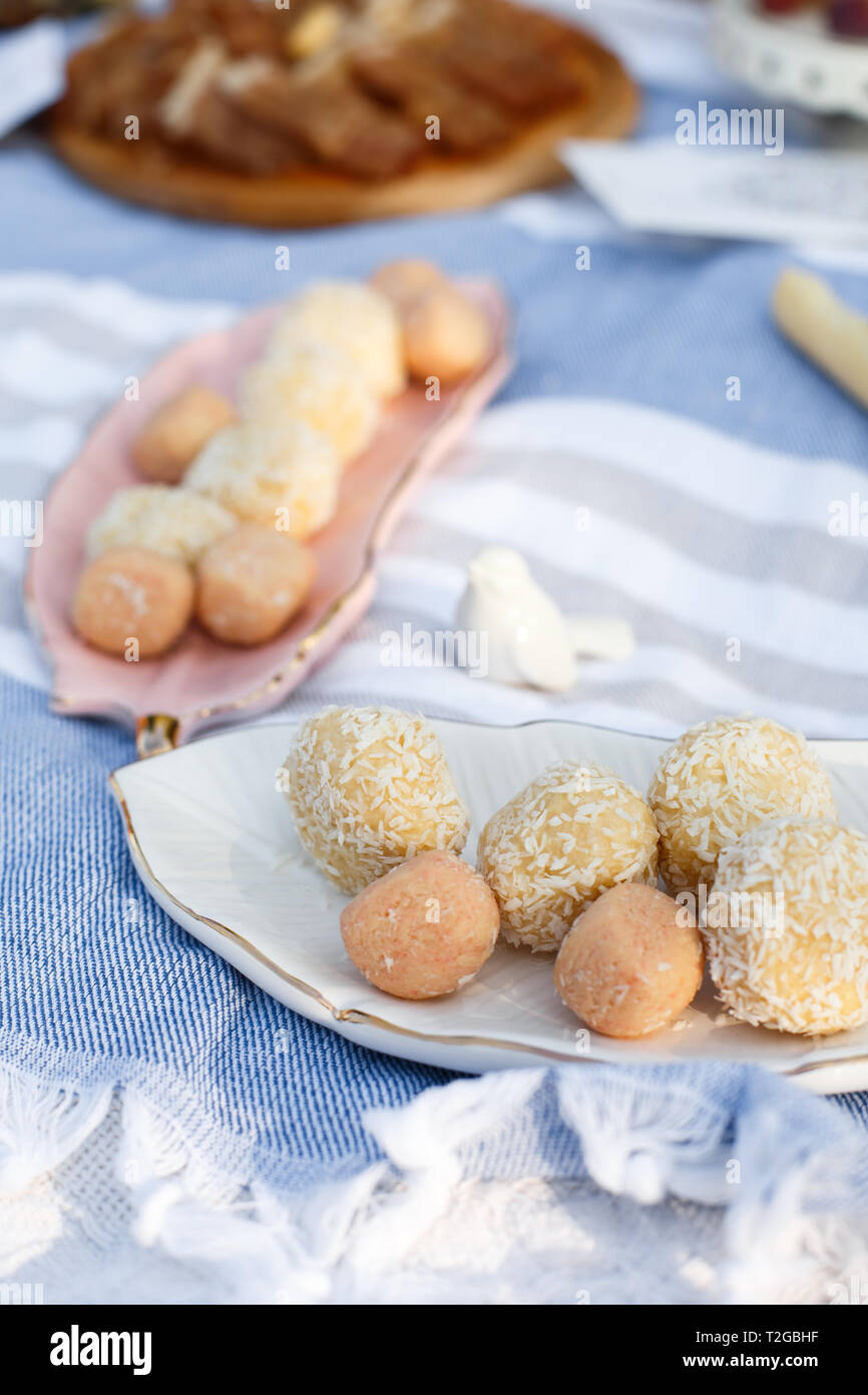 Sugar free hand made sweets layout on plates Stock Photo - Alamy