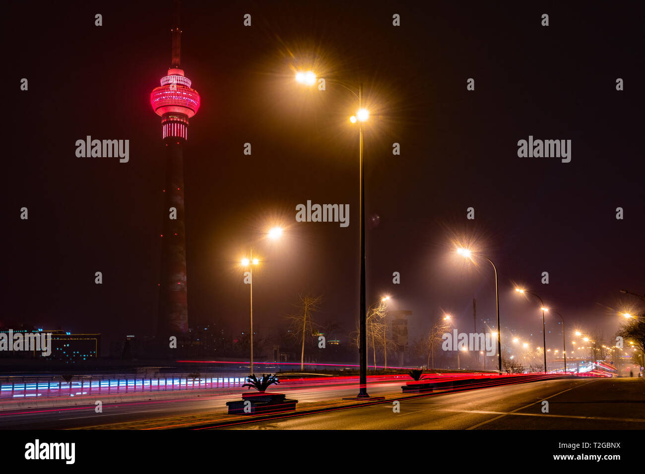The Central Radio and Television Tower at night with colorful ...