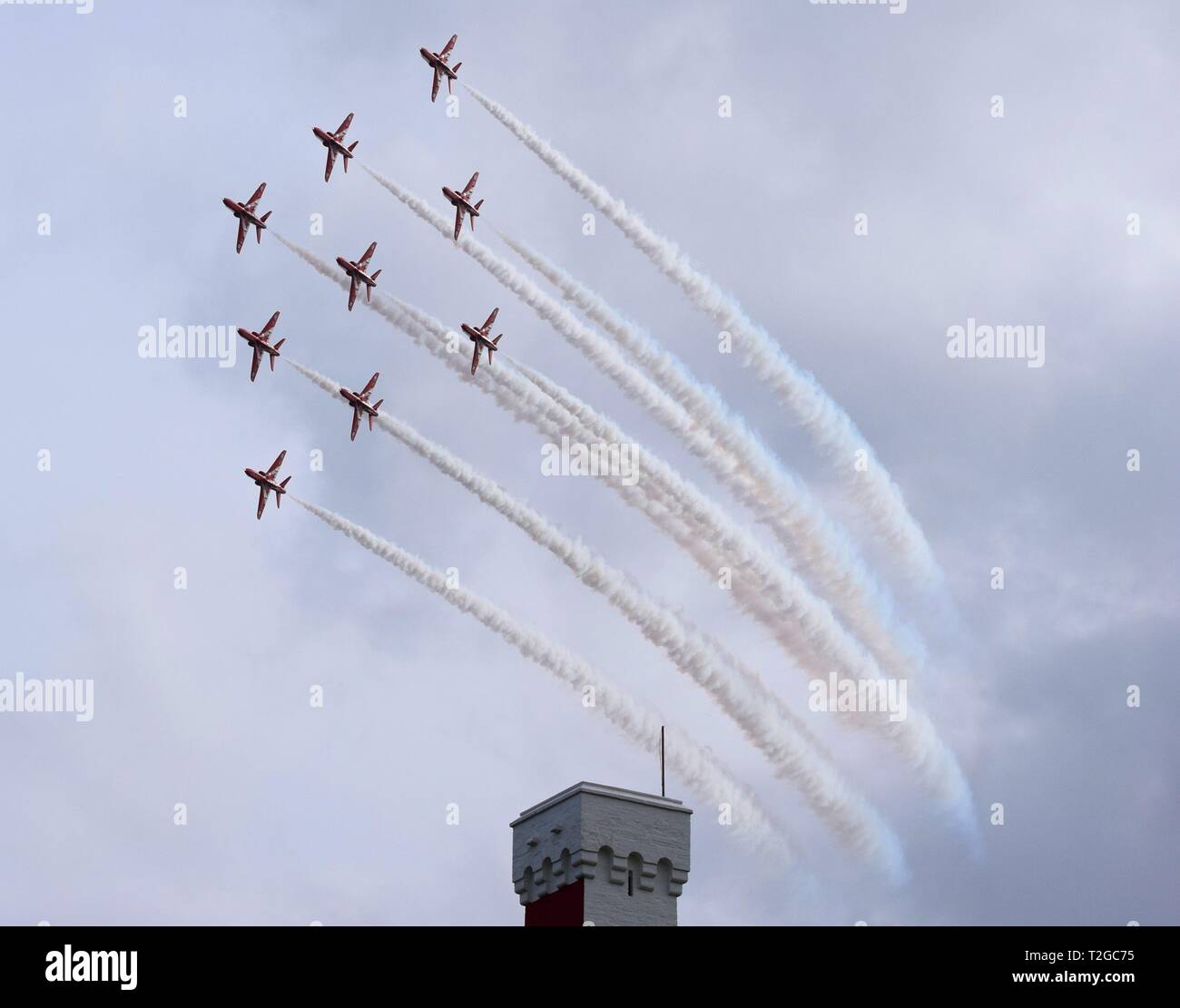 Red Arrows aerobatic display 170817 Stock Photo - Alamy