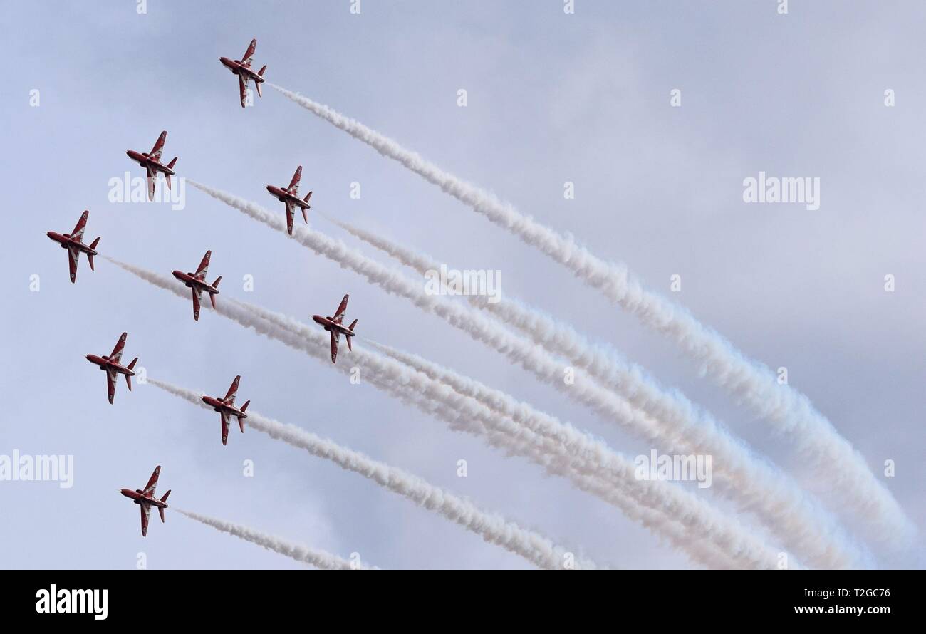 Red Arrows aerobatic display 170817 Stock Photo - Alamy