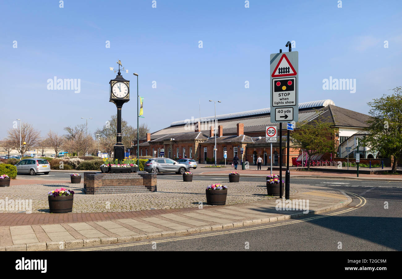 View of the front entrance to Beverley railway station and public space ...