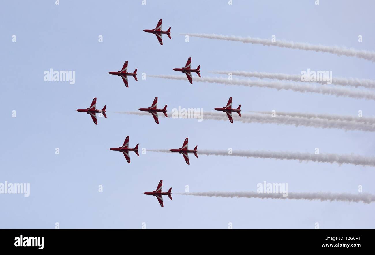 Red Arrows aerobatic display 170817 Stock Photo - Alamy