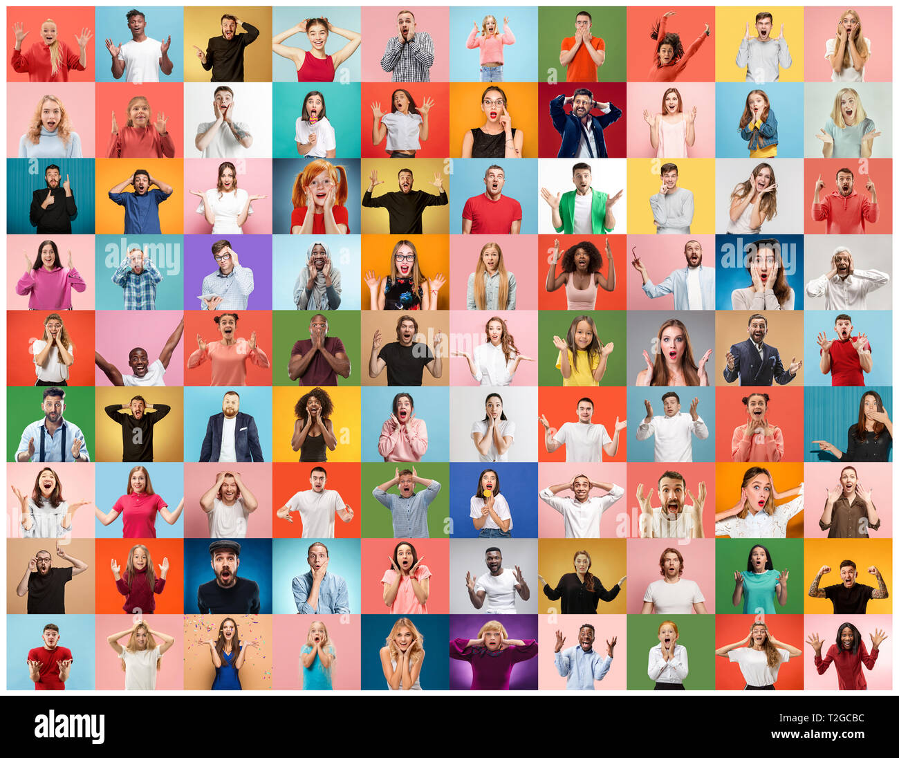 The collage of faces of surprised people on colored backgrounds. Happy ...